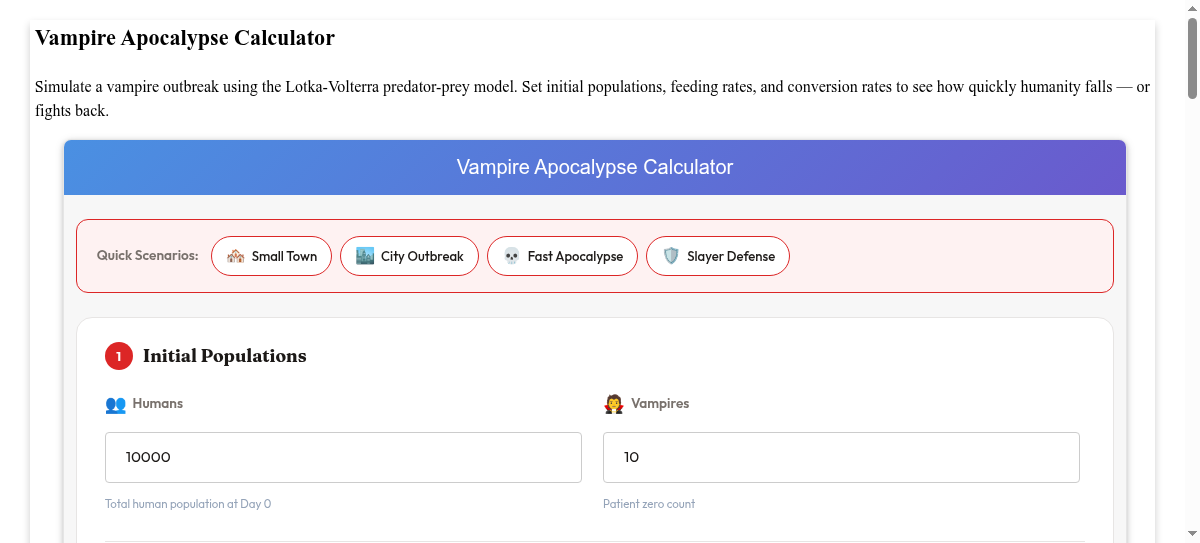 Vampire Apocalypse Calculator - Predator-Prey Outbreak Simulator