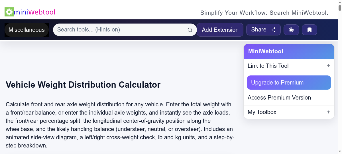 Vehicle Weight Distribution Calculator - Front/Rear Axle Load & CG