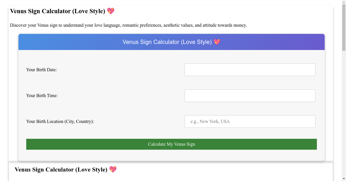Free Venus Sign Calculator (Love Style)