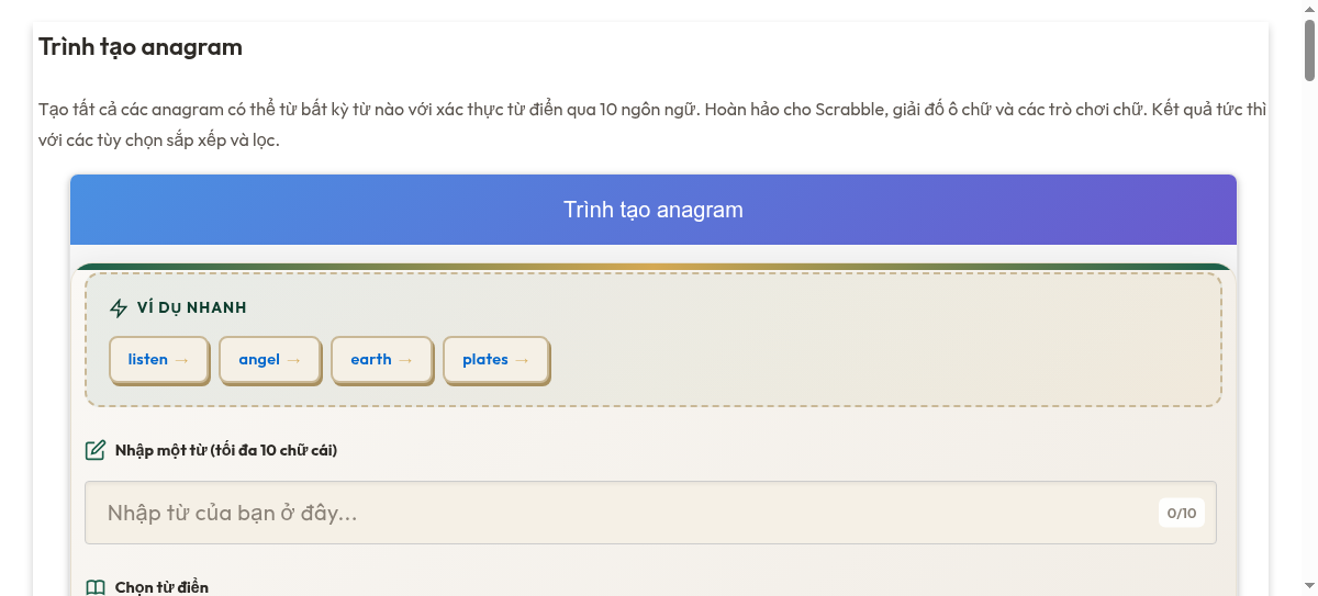 Trình tạo anagram - Tìm tất cả các từ anagram với hỗ trợ từ điển đa ...