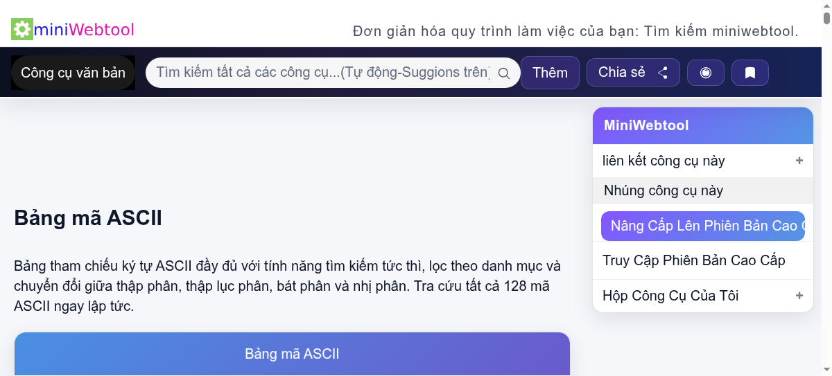 Bảng mã ASCII - Biểu đồ ASCII tương tác với mã Thập phân, Hex, Nhị phân