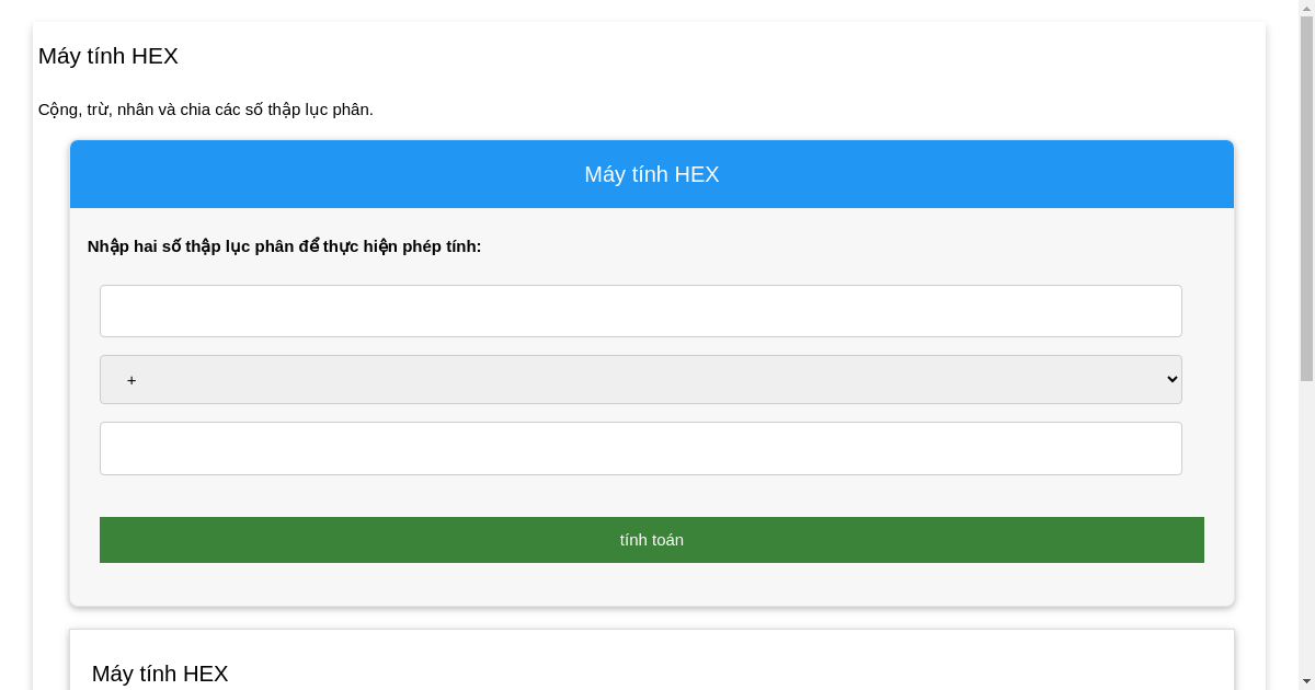 Máy tính Hex - Phép cộng, Phép trừ, Phép nhân và Phép chia