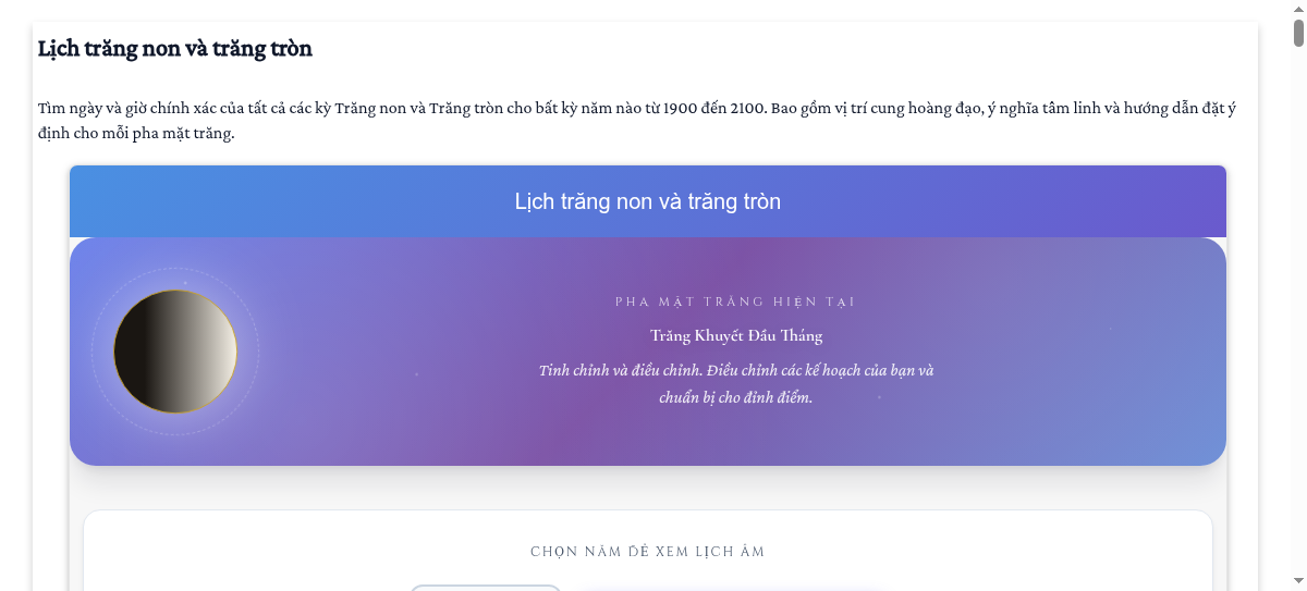 Lịch trăng non và trăng tròn - Ngày & Giờ các pha Mặt trăng
