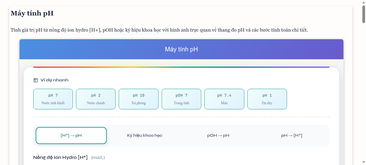 Máy tính pH - Tính pH, pOH và [H+] với lời giải từng bước