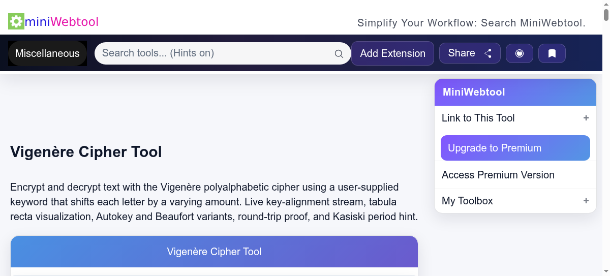 Vigenère Cipher Tool - Encrypt and Decrypt the Polyalphabetic Keyword ...