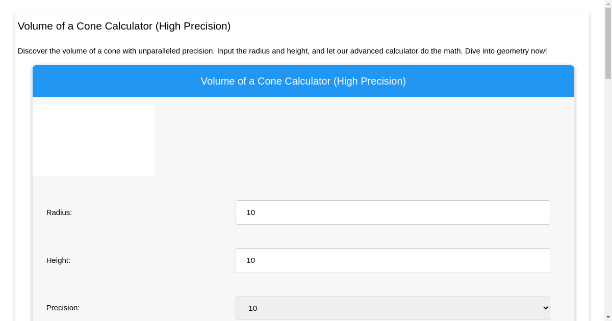 Volume of a Cone Calculator (High Precision)