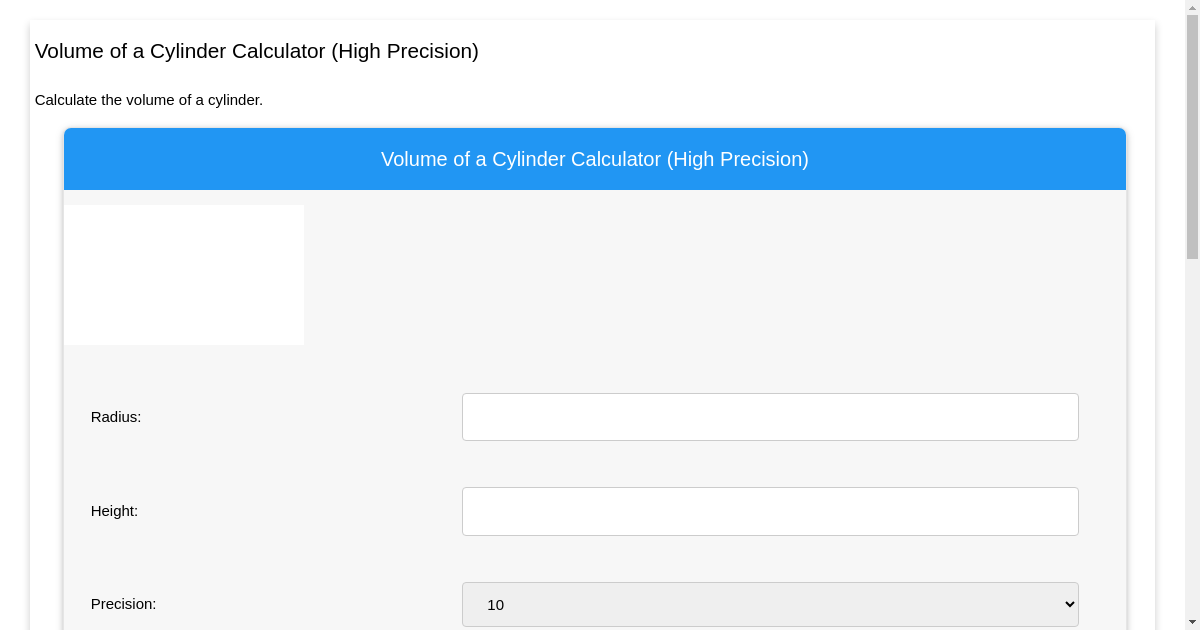 Volume of a Cylinder Calculator (High Precision)