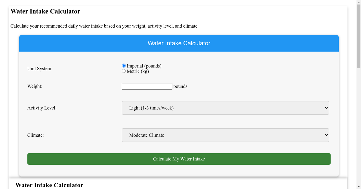 Free Water Intake Calculator - Estimate Your Daily Water Needs