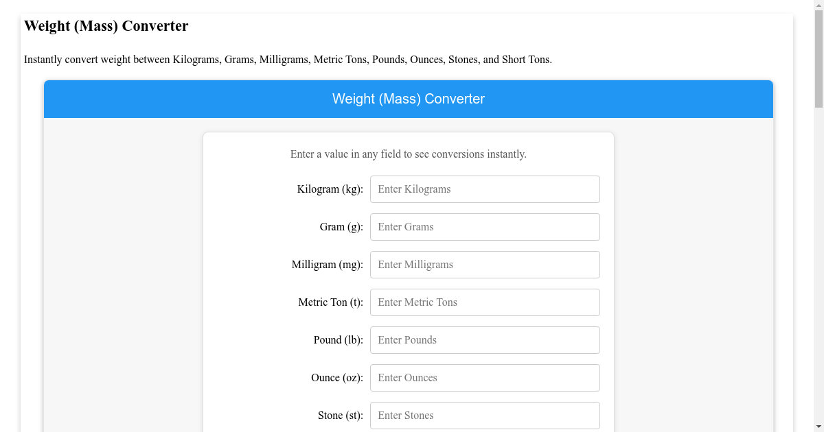 Free Interactive Weight (Mass) Converter