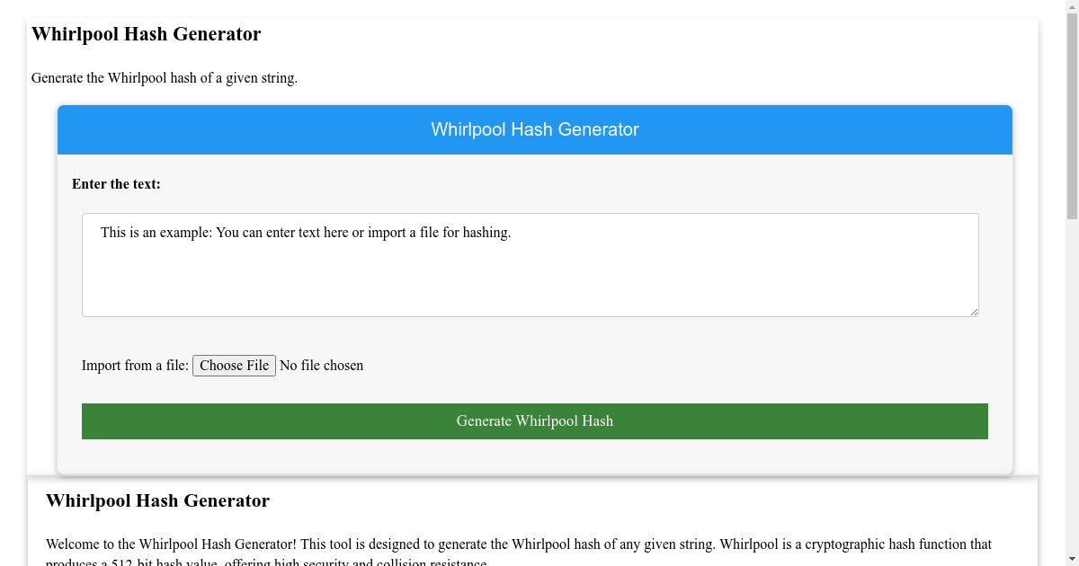Whirlpool Hash Generator Whirlpool Hash Generator