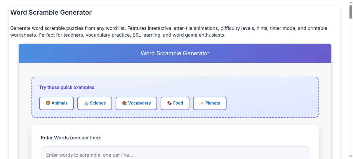 Word Scramble Generator - Create Unscramble Word Puzzles & Vocabulary ...